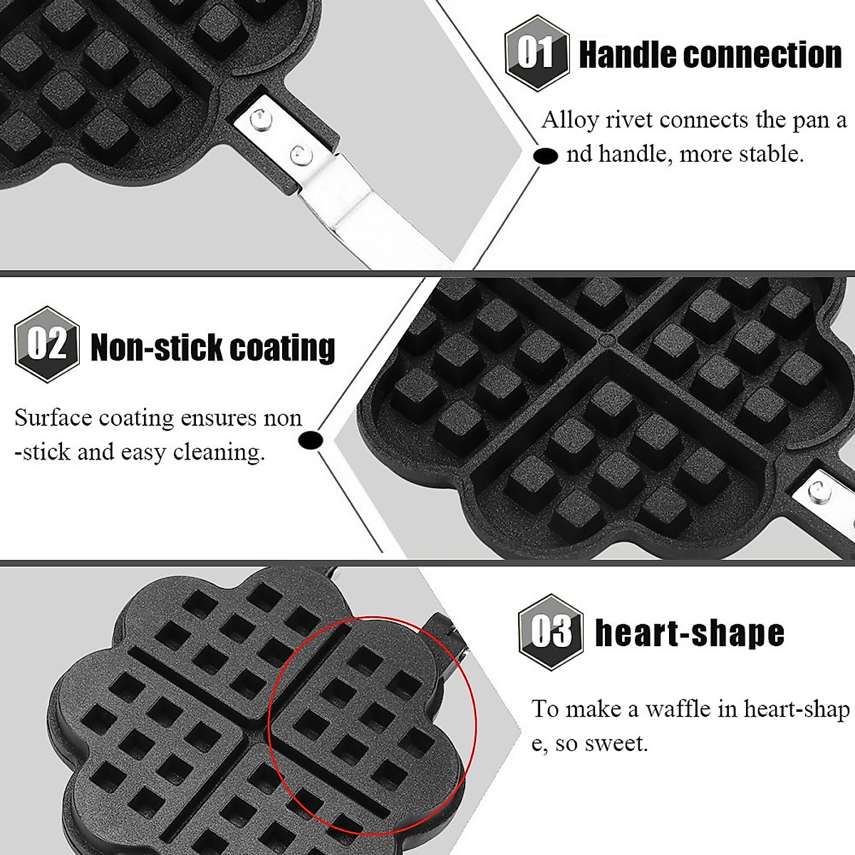 Heart Shape Cast Iron Waffle Maker, Non-stick Double Side Waffle Cake Mold Pot for Household Cafe Restaurant