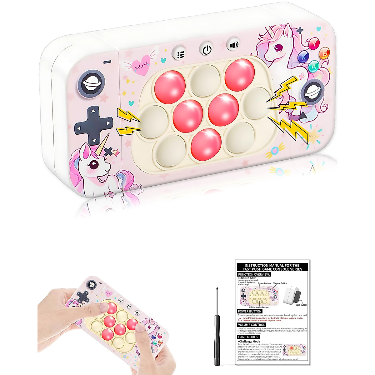 Fast Push Game Fidget Toys for Kids Adults, Quick Push Game, Handheld Sensory Fidget Popper Game Console Toys for Kids 6-12, Birthday Gifts for Boys, Girls, Teen（Unicorn）