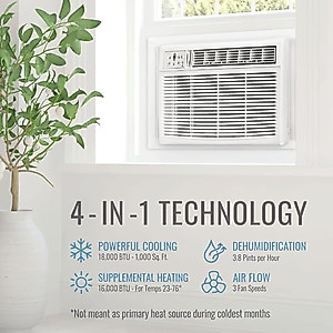Keystone 18,000 230V Window Air Conditioner, 16,000 BTU Supplemental Heating, Sleep Mode, Remote Control, 24H Timer, AC for Rooms up to 1000 Sq. Ft., KSTHW18A, 18000, White