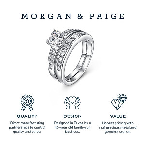 MORGAN & PAIGE Bridal Ring Set - Channel-Set Heart Shaped Cubic Zirconia - 925 Platinum Plated Sterling Silver Wedding and Engagement Ring Set For Women - Size 7