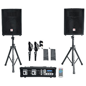 Rockville Package PA System Mixer/Amp+10" Speakers+Stands+Mics+Bluetooth, (RPG2X10)