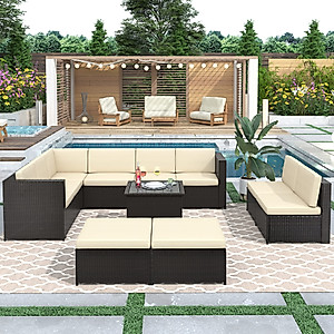 BIADNBZ 9 Piece Patio Furniture Sets PE Rattan Outdoor Conversation Sectional Sofa Couch with Coffee Table&Ottomans for Garden Yard Poolside, Beige Cushions+Brown Wicker
