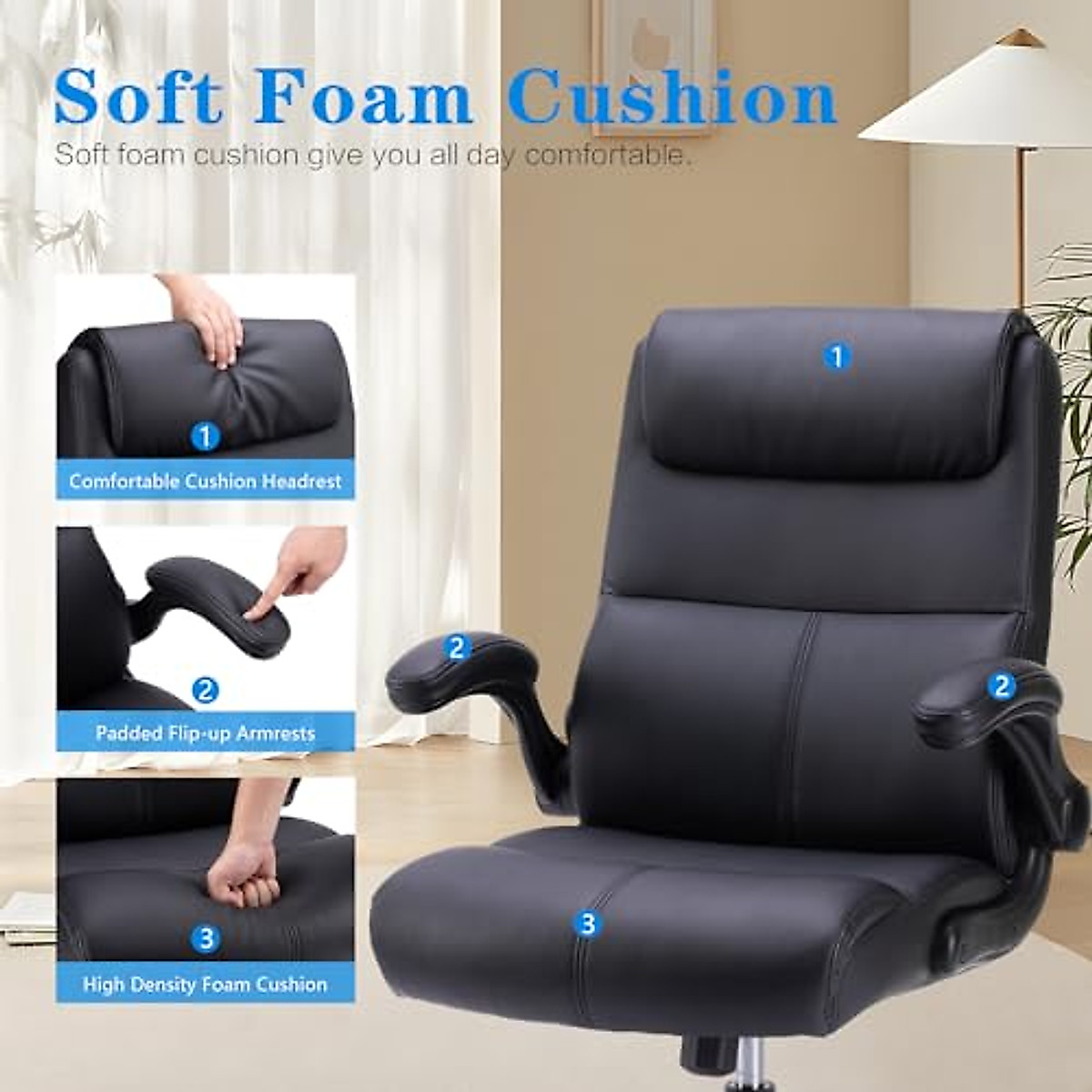 NEWBULIG Ergonomic PU Leather Desk Mid Back Computer Flip Up Armrests Height Adjustable Executive Office Lumbar Support Swivel Task Chair, 20" D x 20" W x 43" H, Black