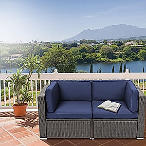 Patiomore 2 Pieces Outdoor Wicker Loveseat, Patio Rattan Sectional Furniture Corner Sofa Set All-Weather Black Brown Wicker with Removable Cushions for Balcony, Backyard, Garden (Dark Blue)