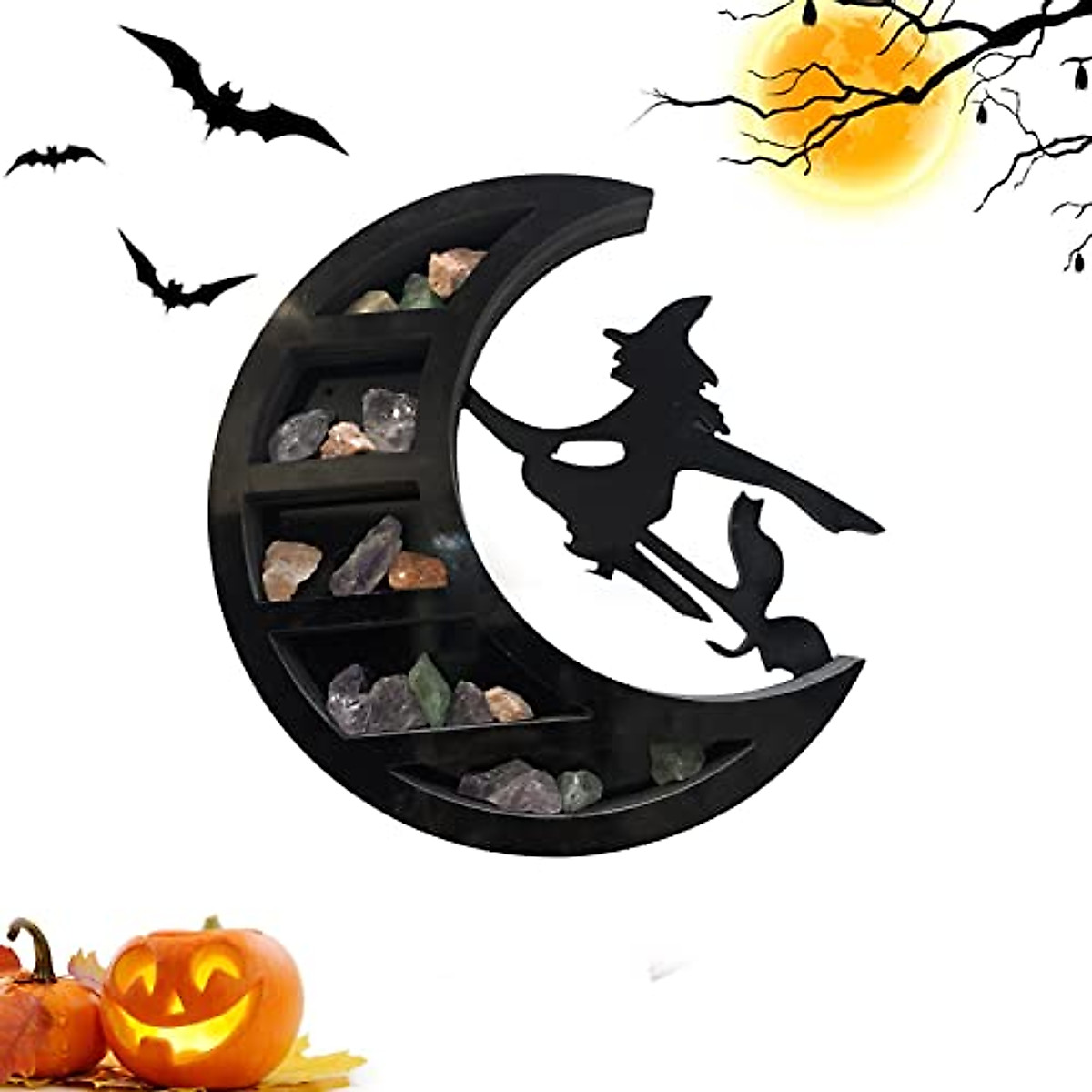 A/R Witch on The Moon Crystal Shelf, Wooden Crystal Display Shelf PVC Moon Shelf Black Witch Design Crystal Display Shelf Gothic Decorations for Living Room