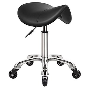 WKWKER Heavy Duty Saddle Rolling Stool with Wheels Hydraulic Swivel Adjustable Rolling Stool Ergonomic Thick Leather Seat Stool Chair for Kitchen Drafting Lab Office Salon Message Stool – Black