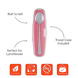 Innobaby Din Din Smart Stainless Steel Spoon and Fork with Carrying Case. Utensil Set for Kids and Toddlers. BPA Free. Pink. (DS-SSF02)