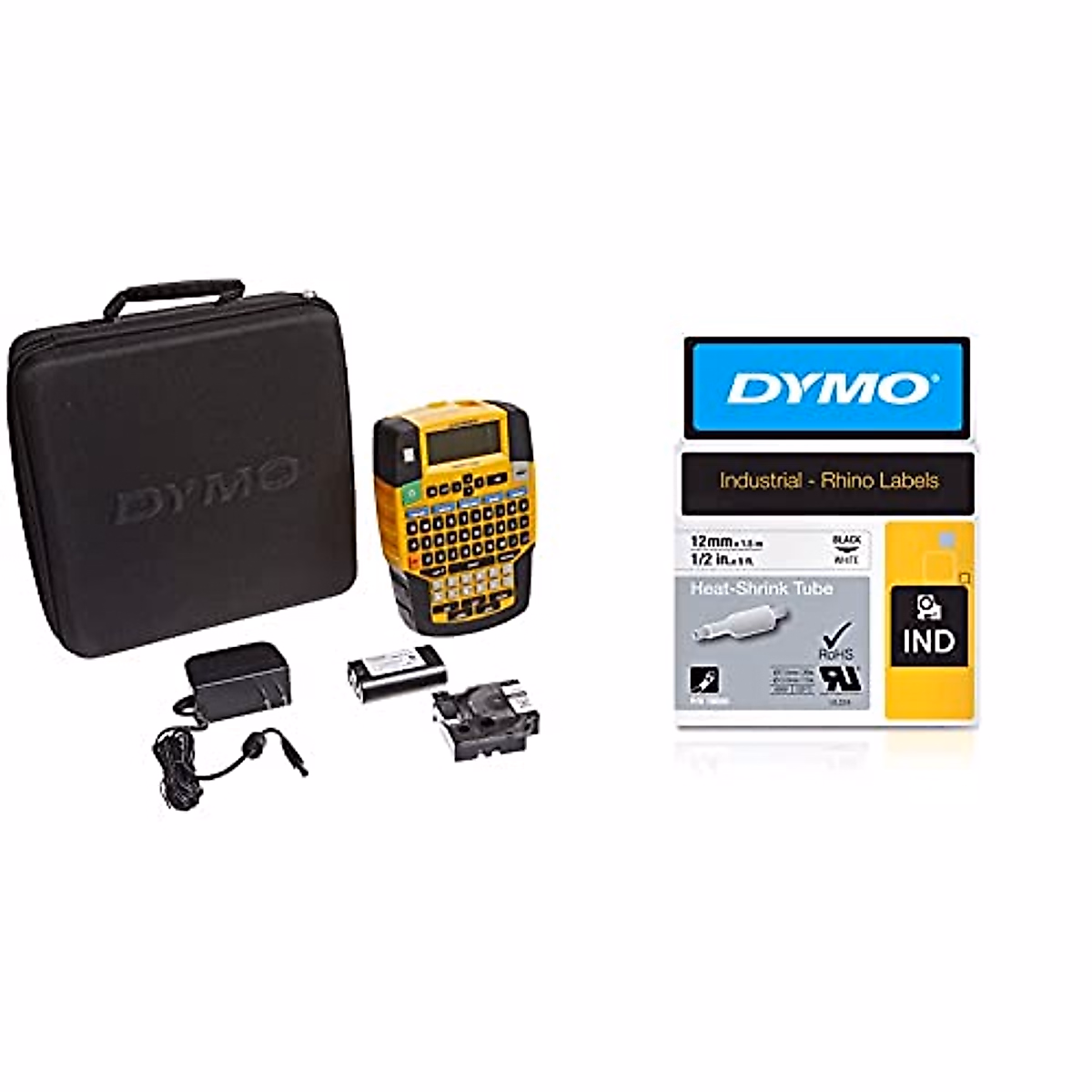 DYMO Rhino 4200 Industrial Label Maker Carry Case with ½” Labels, Black Print on White Tape & DYMO Industrial Heat Shrink Tubes, ½”, Black Print on White, Great for School Supplies
