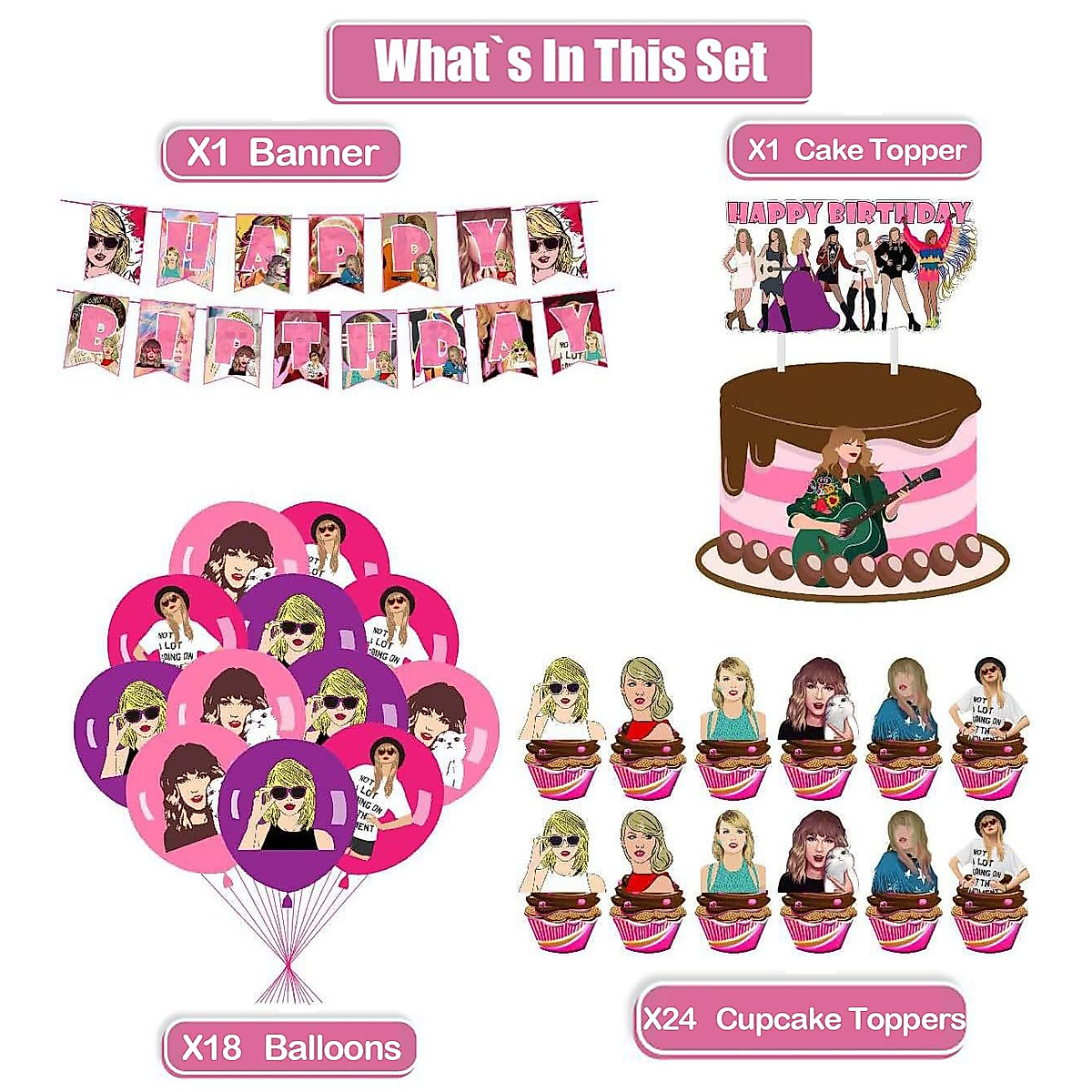 Celebrate Birthday Party Taylor Swift Style - Party Decorations Including Banner, Balloons, Cake Topper, and Cupcake Toppers