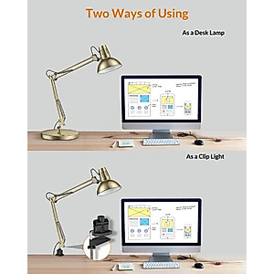 LEPOWER Metal Desk Lamp, Adjustable Goose Neck Architect Table Lamp with On/Off Switch, Swing Arm Desk Lamp with Clamp, Eye-Caring Reading Lamp for Bedroom, Study Room &Office (Brass)