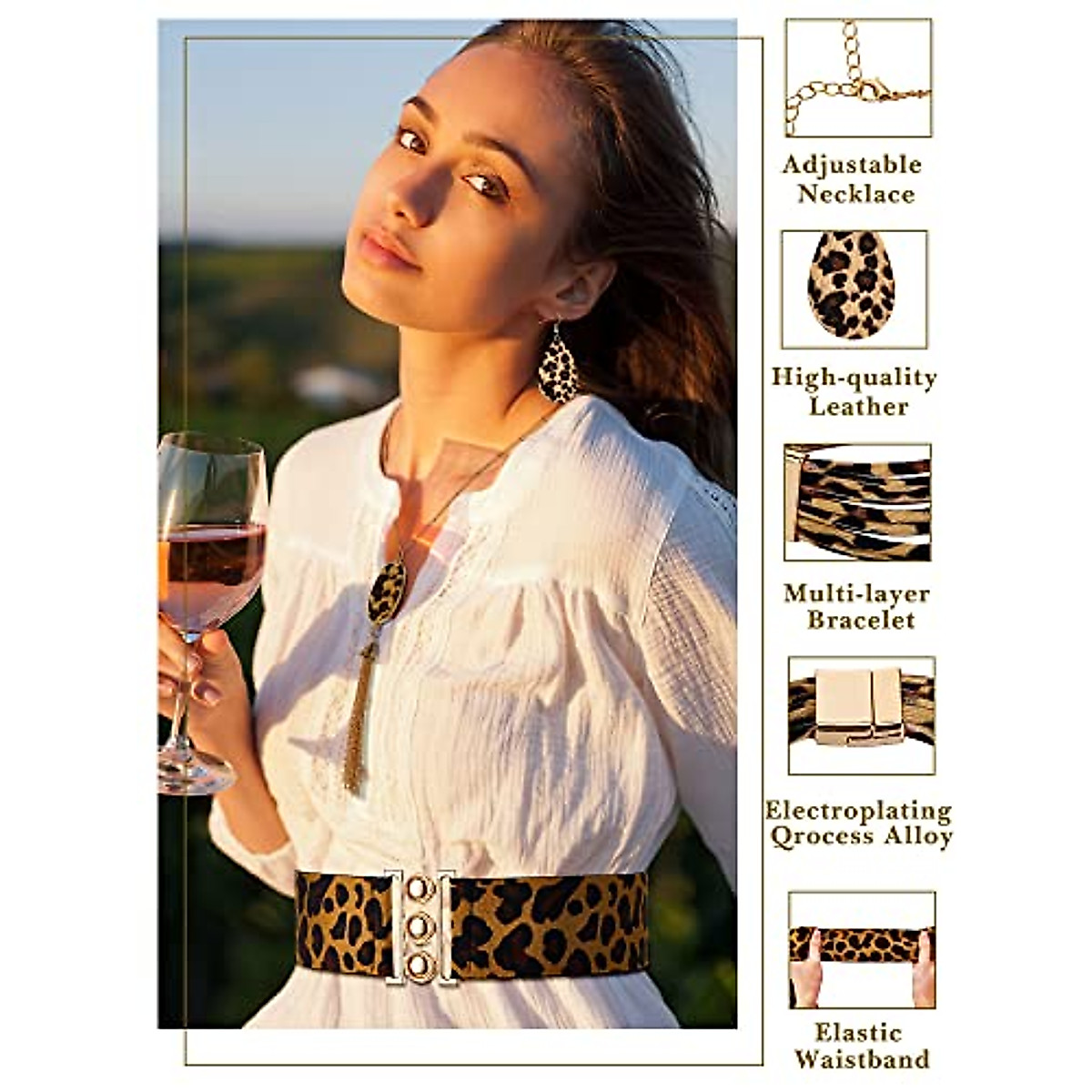 Junkin 6 Pcs Leopard Jewelry Gift Set for Women, Earrings Bracelets Multilayer Leather Cuff Clutch Purse Stretch Belt for Party Event(Leopard,Yellow, Black)