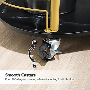 HOOBRO Bar Cart Gold, 3-Tier Home Bar Serving Cart with Lockable Wheels, Rolling Kitchen Cart with Wine Rack and Glass Holders, Mini Bar with Arc Fence for Party Marble Black and Gold DB60TC01