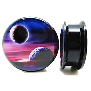 Pierced Republic Purple Planets & Moon Ear Plugs - Acrylic Screw-On - 10 Sizes - Pair (2 Gauge (6mm))