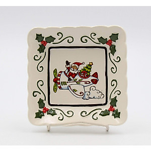 Fine Ceramic Santa Flying Airplane Square Dessert Appetizer Plates Set of 3 (3 pieces Set), 5-1/2"