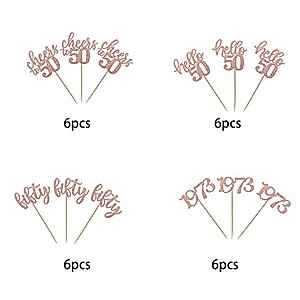 24 Pack 50th Birthday Cupcake Toppers Glitter Fifty Since 1973 Hello 50 Years Birthday Cupcake Picks Cheers to 50 Cake Decorations for Happy 50th Birthday Anniversary Party Supplies Rose Gold