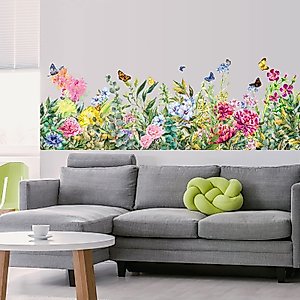 Large Flowers Vines Wall Decals Colorful Butterfly Floral Garden Wall Stickers Narcissus Iris Wall Art Stickers for Kids Room Kindergarten Nursery Classroom Bedroom Bathroom Decor