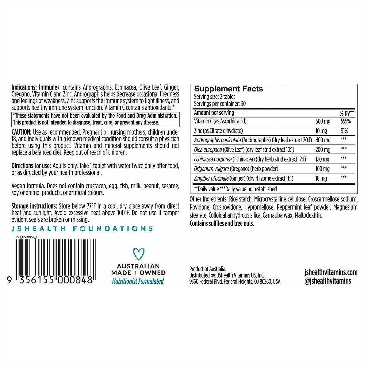 JSHealth Vitamins Immune + Immunity Booster Supplement with Zinc Vitamin C Echinacea and Olive Leaf Antioxidants (60 Tablets)