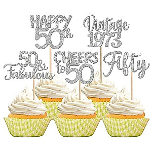 30PCS Happy 50th Birthday Cupcake Toppers Glitter Fifty Vintage 1973 Cupcake Picks Cheers to 50 Fabulous Cake Decorations for 50th Birthday Wedding Anniversary Party Supplies Silver