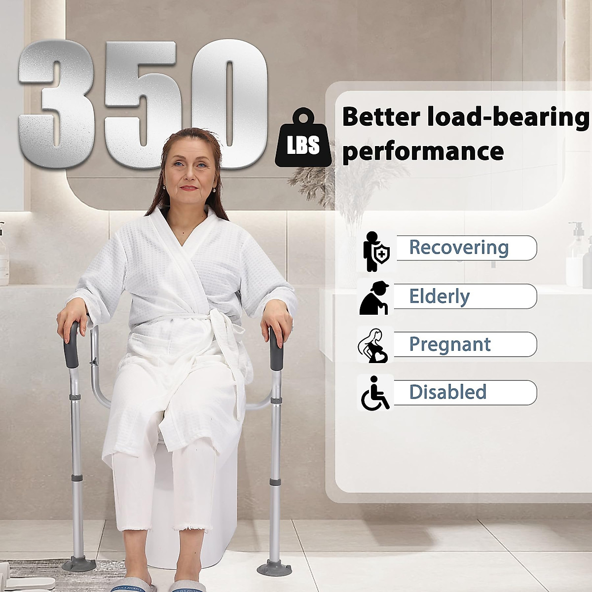 Toilet Safety Rail for Seniors, Toilet Grab Bars for Seniors and Disabled, Toilet Handles for Elderly with Adjustable Width and Height, 350 lb Weight Capacity, FSA/HSA Eligible (White)