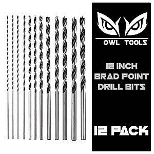 Owl Tools Extra Long 12" Brad Point Wood Drill Bit Set (12 Pack with Storage Sleeve) Carpenters Quality - Drill Splinter-Free Perfectly Round Holes in All Types of Wood