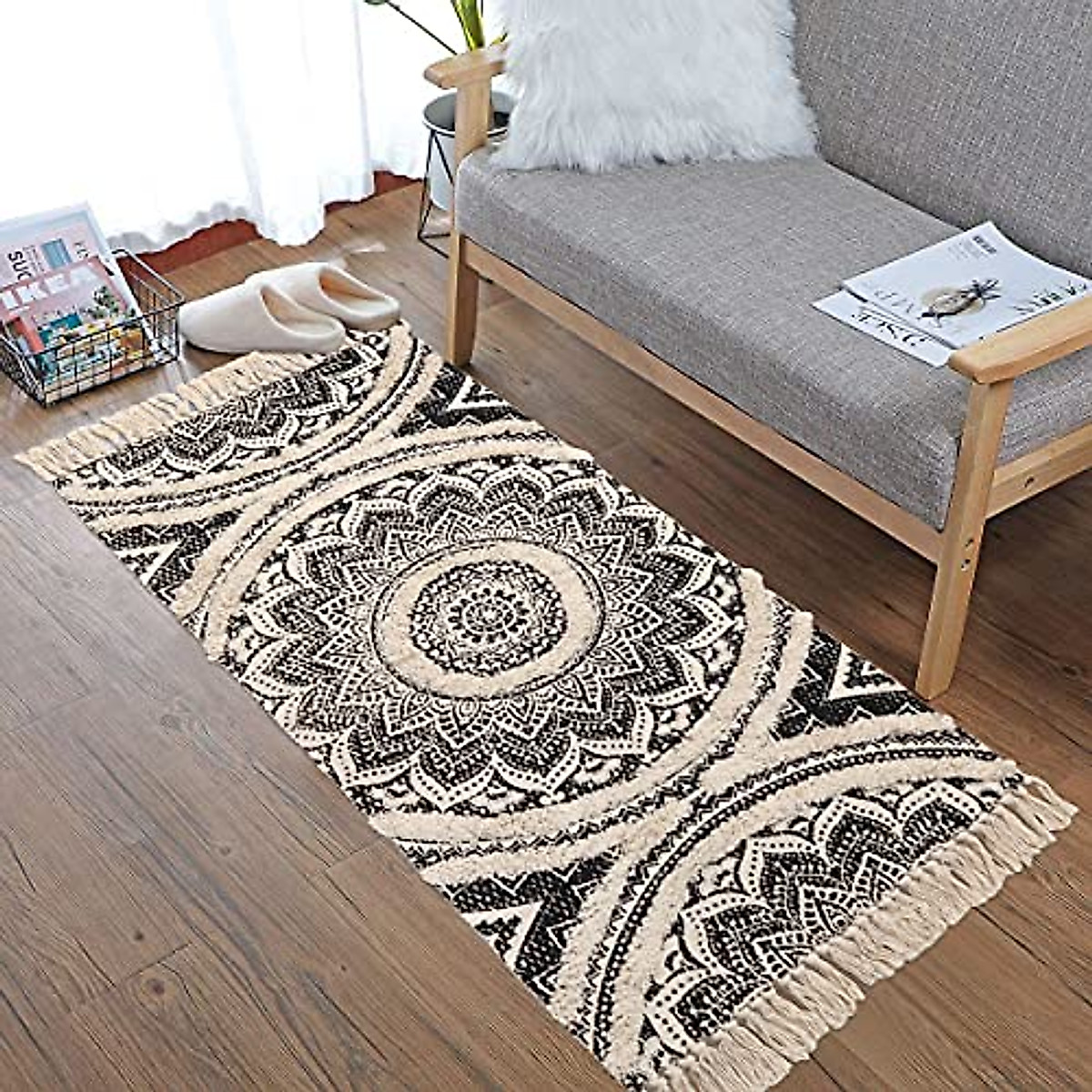 Ailsan Boho Runner Rug 2.3' x 5.3', Mandala Hallway Runner Rug, Woven Cotton Washable Tufted Indoor Outdoor Rug Runner for Entryway Kitchen Laundry Room Doorway Bedroom