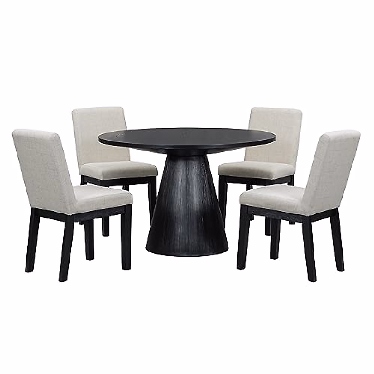 HZXINKEDZSW Wood Round Dining Table Set for 4 Persons,Retro Style 5-Piece Kitchen Dining Set with 4 Linen Fabric Upholstered Chairs for Dining Room,Living Room,Black
