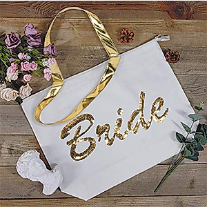 TOPDesign Wedding Gold Sequin Canvas Tote Bag, Bridal Shower Gifts for Bride Bag with an Internal Pocket, Top Zipper Closure, Bride