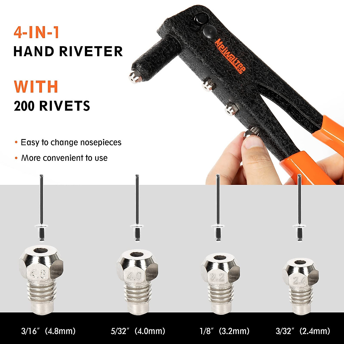 Meiwaltee Rivet gun,Professional Pop Rivet Gun Kit with 200Pcs Rivets, 3/32"-1/8"-5/32"-3/16", Heavy Hand Riveter kit Suitable for Metal work, Gutter, Automotive and other common DIY projects