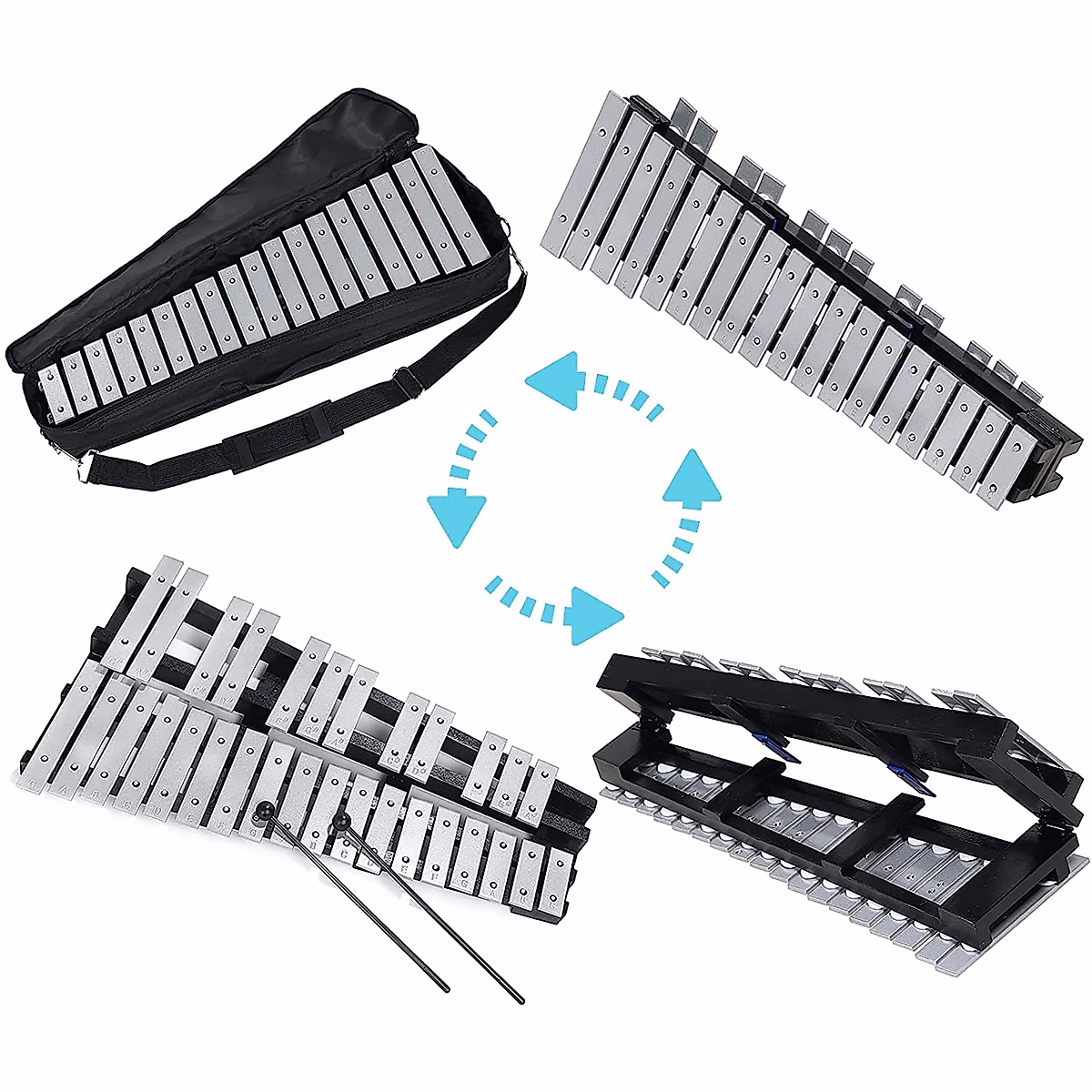 MIRIO 30 Notes Foldable Glockenspiel Xylophone Percussion Set, Glockenspiel Bell Kit With Carry Bag, Mallets for Beginner/Professional, Children Educational Percussion Musical Instrument (Silver)