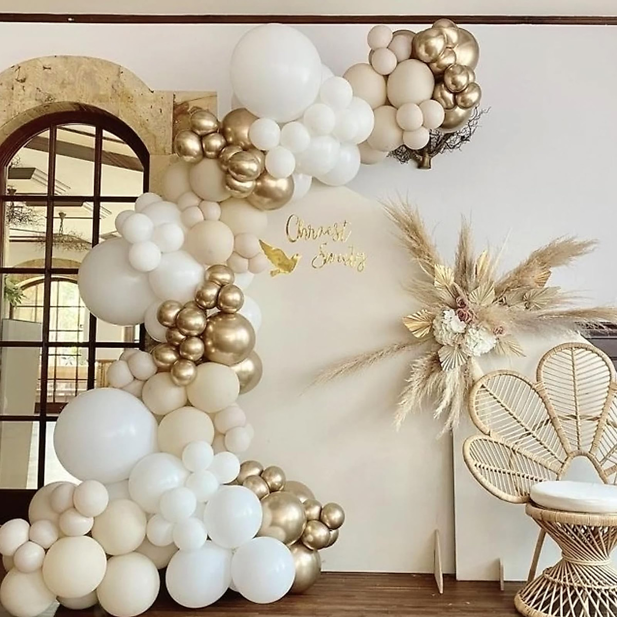 RUBFAC 154pcs White Sand Balloons Different Sizes 5/10/12/18 Inch White Cream Beige Balloon Garland Arch Kit for Wedding Baby Shower Birthday Party Supplies Decorations