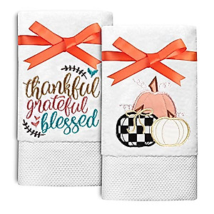 Quera 2 Pack of Fall Thanksgiving Hand Towels 100% Cotton Pumpkin Premium Luxury Decorative Bathroom Decorative Plate Set Dry, Clean, Cook, Autumn 13.7 "x 29.5", White