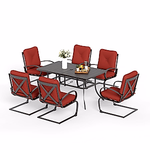 MFSTUDIO 7 Piece Outdoor Patio Dining Set, 6 Spring Motion Cushion Chairs, 1 Rectangular Table with 1.57"-1.9" Adjustable Umbrella Hole, Metal Furniture Sets for Garden, Red