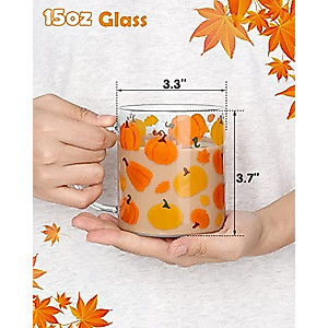 Pumpkin Glass Mug 15 Oz, Clear Fall Cup With Handle, Large Espresso Iced Coffee Glass, Hot Beverage Cappuccino Tea Drinking Glassware, Autumn Decor for Coffee Bar, Thanksgiving Gift for Pumkin Lover