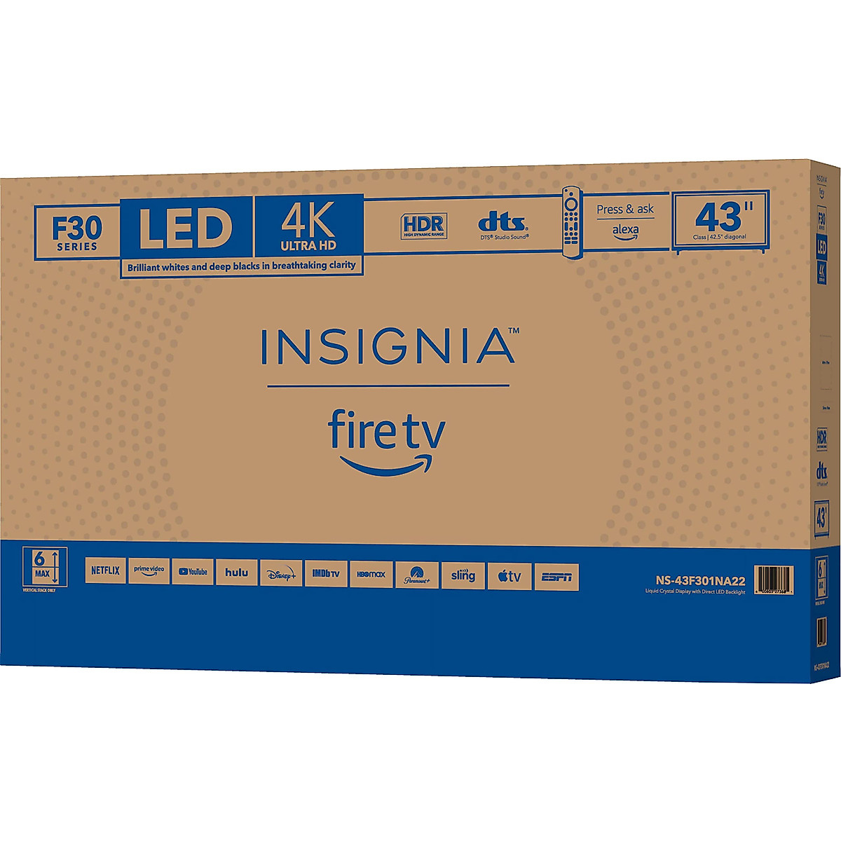 INSIGNIA 43-inch Class F30 Series LED 4K UHD Smart Fire TV (NS-43F301NA22, 2021 Model)