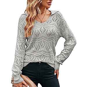 Women's 2023 Fall Lapel Collar V Neck Long Sleeve Knitted Comfy Loose Casual Pullover Sweater Jumper Top Grey L