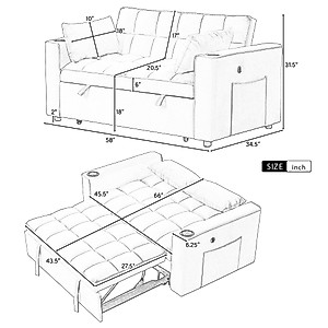 P PURLOVE Convertible Sleeper Sofa Bed, Velvet Loveseat Sofa Couch, Adjustable Backrest, Pull-Out Bed with Cup Holder and USB Port for Living Room or Apartments (Milky White)