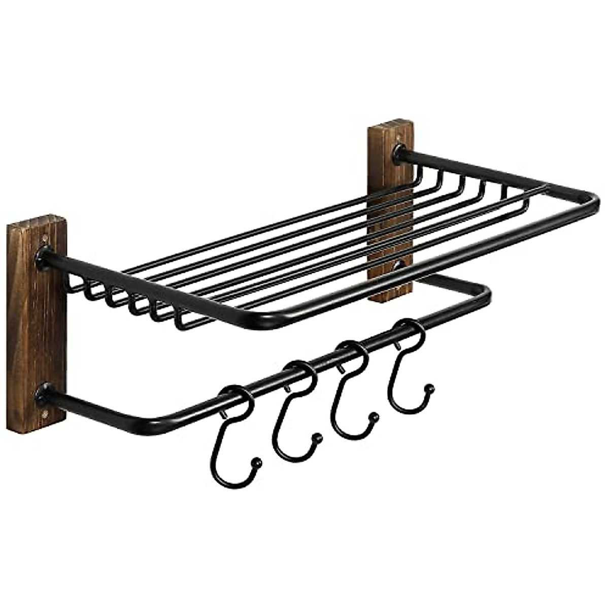MyGift Wall Mounted Black Metal 2 Tier Bathroom Shelf and Hand Towel Bar Rack with Sliding Hanger Hooks and Solid Burnt Wood Mounting Brackets