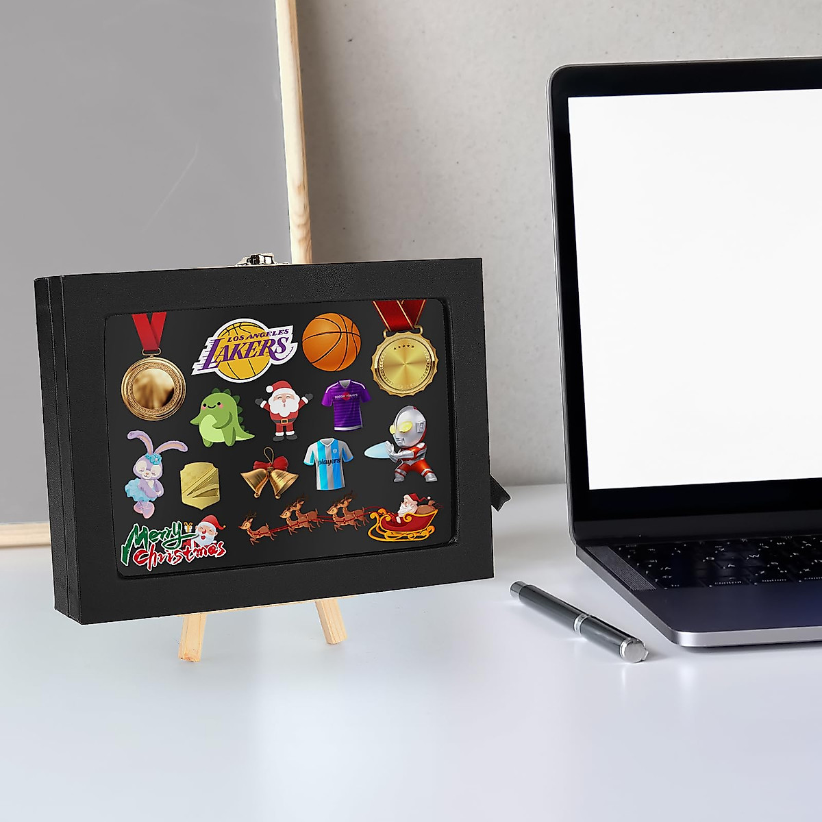 Dustproof Pin Display Case PU Leather 8''x6'' Pin Display Board Shadow Box Frame with Hooks and Wood Frame For Enamel Pin, Military Medals, Jewelry Pins, Pin Badge Collection, Rings, Necklaces (Black)