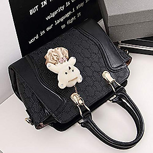 FiveloveTwo Women Ladies 4Pcs Handbag Set Tote Satchel Shoulder Bag PU Top Handle Bag Purse Clutch Card Holder with Bear Ornament Black