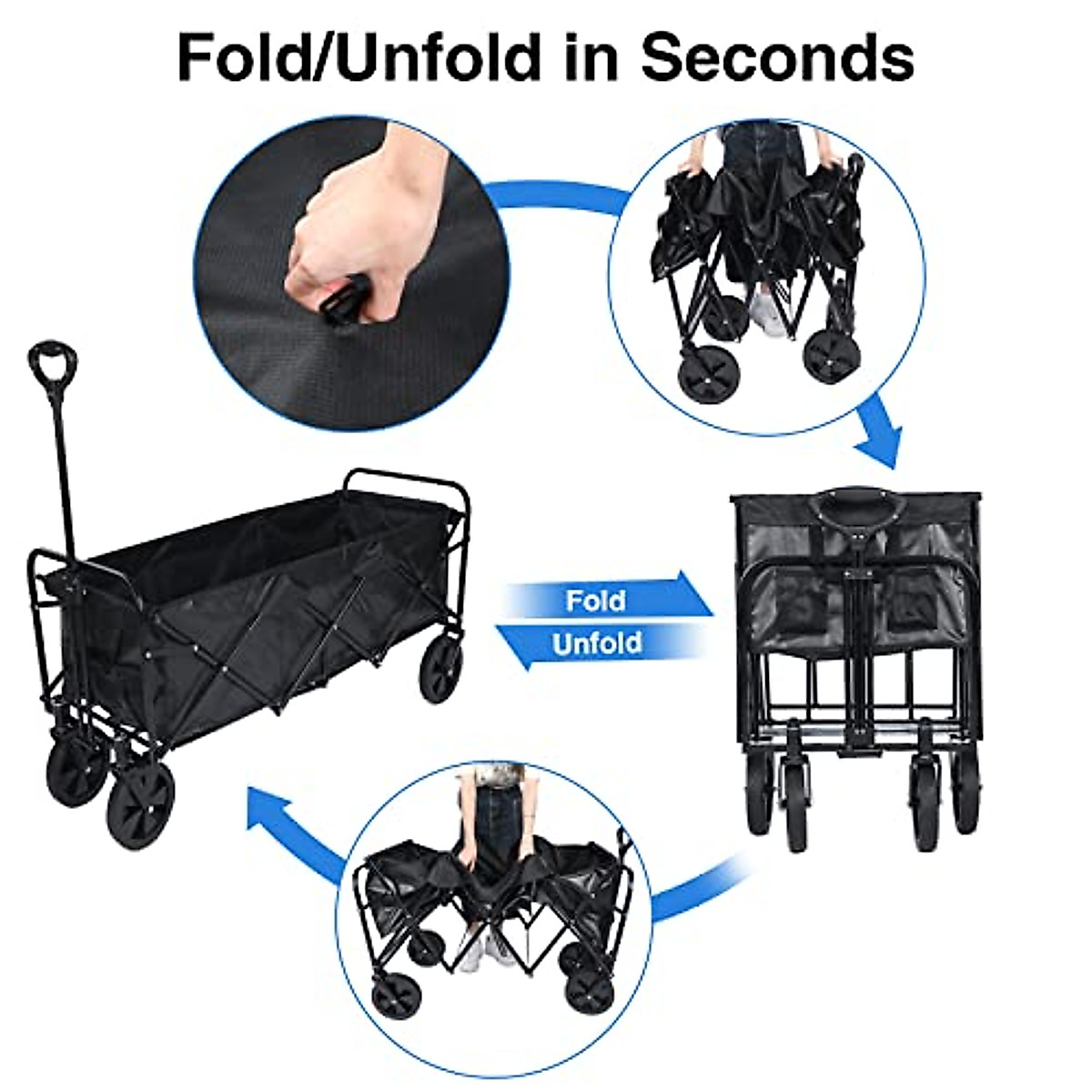 YSSOA Heavy Duty Folding Portable Hand Cart with Removable Canopy, 8'' Wheels, Adjustable Handles and Double Fabric for Shopping, Picnic, Beach, Camping