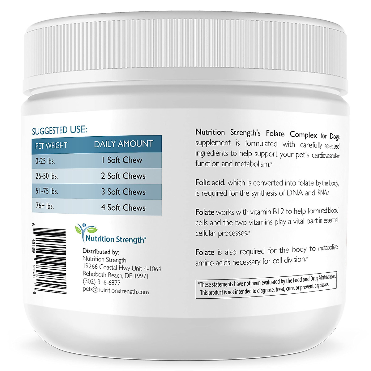 Nutrition Strength Folate for Dogs to Promote Cardiovascular & Prenatal Health, Support DNA Synthesis & Cell Maintenance, Folic Acid for Dogs with Zinc, Biotin, Iron & Vitamin B12, 120 Soft Chews