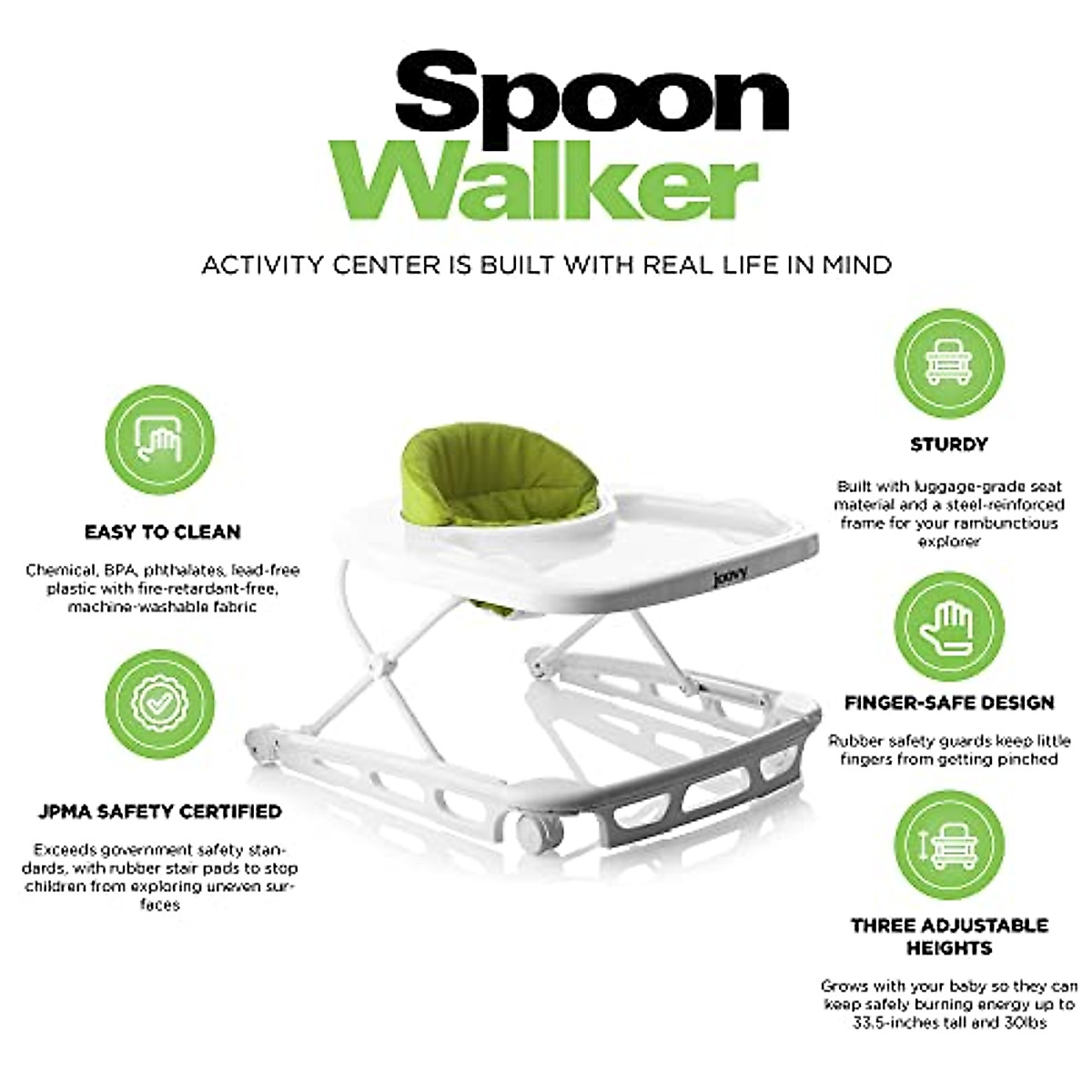 Joovy Spoon Baby Walker & Activity Center Featuring Three Adjustable Heights, Tough Luggage Grade Seat Material, and 30 lb Weight Capacity - JPMA Safety Certified (Greenie)