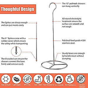 6 Pieces Stainless Steel Vertical Skewer Set, (2x15''Skewers,2x9‘’Spikes& 2x6.25‘’Bases), Multifuntion Barbecue Spike& Poultry Hanger Set for Webber,Bronco, Pit Barrel,Green Egg Smoker,etc