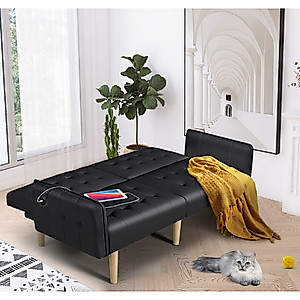 TYBOATLE Faux Leather Convertible 65'' Folding Futon Sofa Bed w/ 2 USB, Loveseat for Small Space, Apartment, Dorm, Living Room, Office, Black