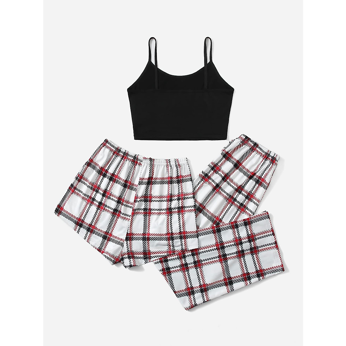 GORGLITTER Women's 3 Piece Plaid Pajamas Pants Set Cami Top with Shorts Loungewear Sleepwear Black White and Red Medium