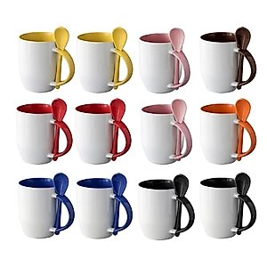 Generic, 12pcs Sublimation 12oz Coffee Mugs With Spoons Blanks, 6 Color to Choose From, Black, Blue, Brown, Orange, Pink, and Yellow.