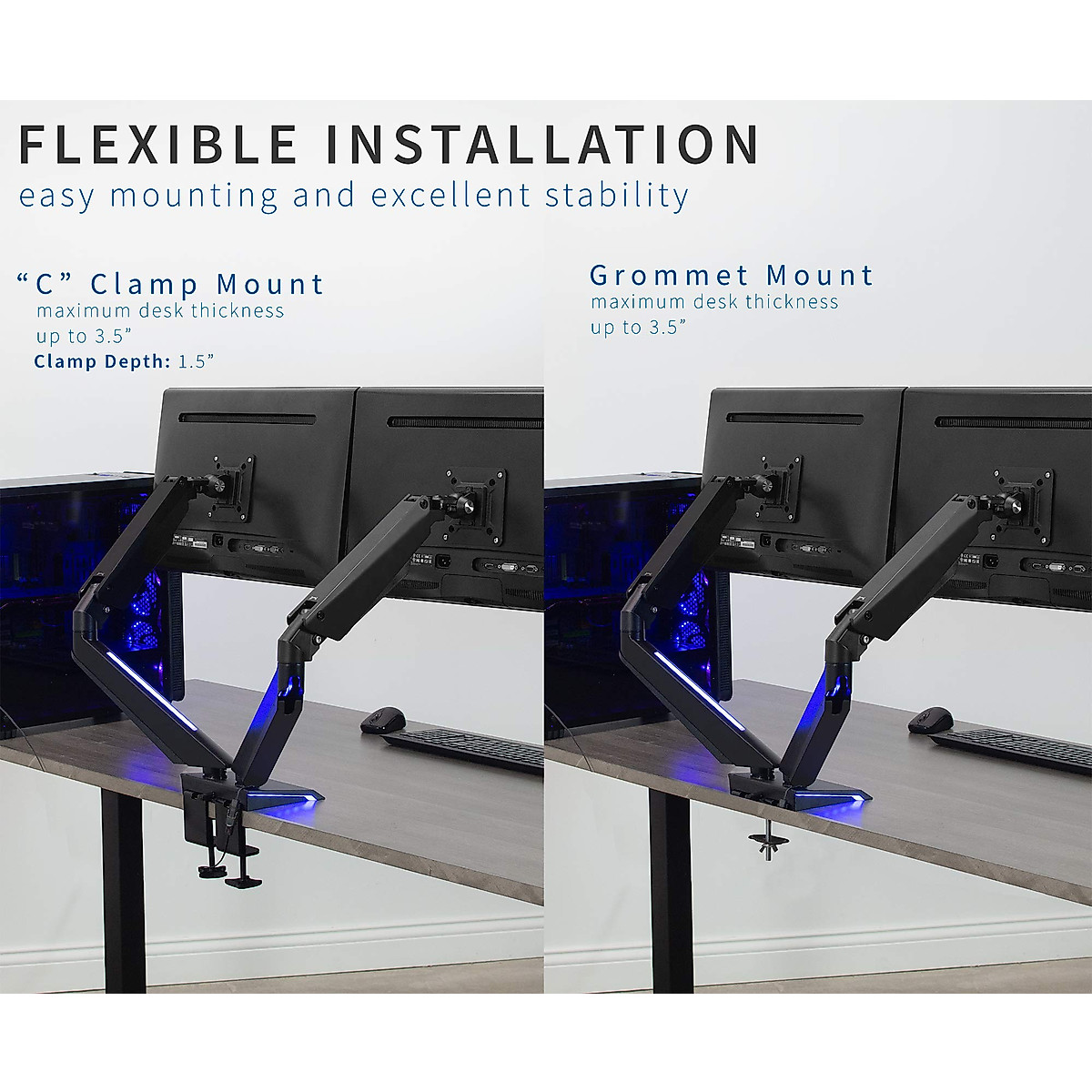 VIVO Premium Dual 17 to 32 inch Gaming Pneumatic Monitor Arms Clamp-on Desk Mount Stand with Blue LED Lights, Max VESA 100x100, Black STAND-GM2BB