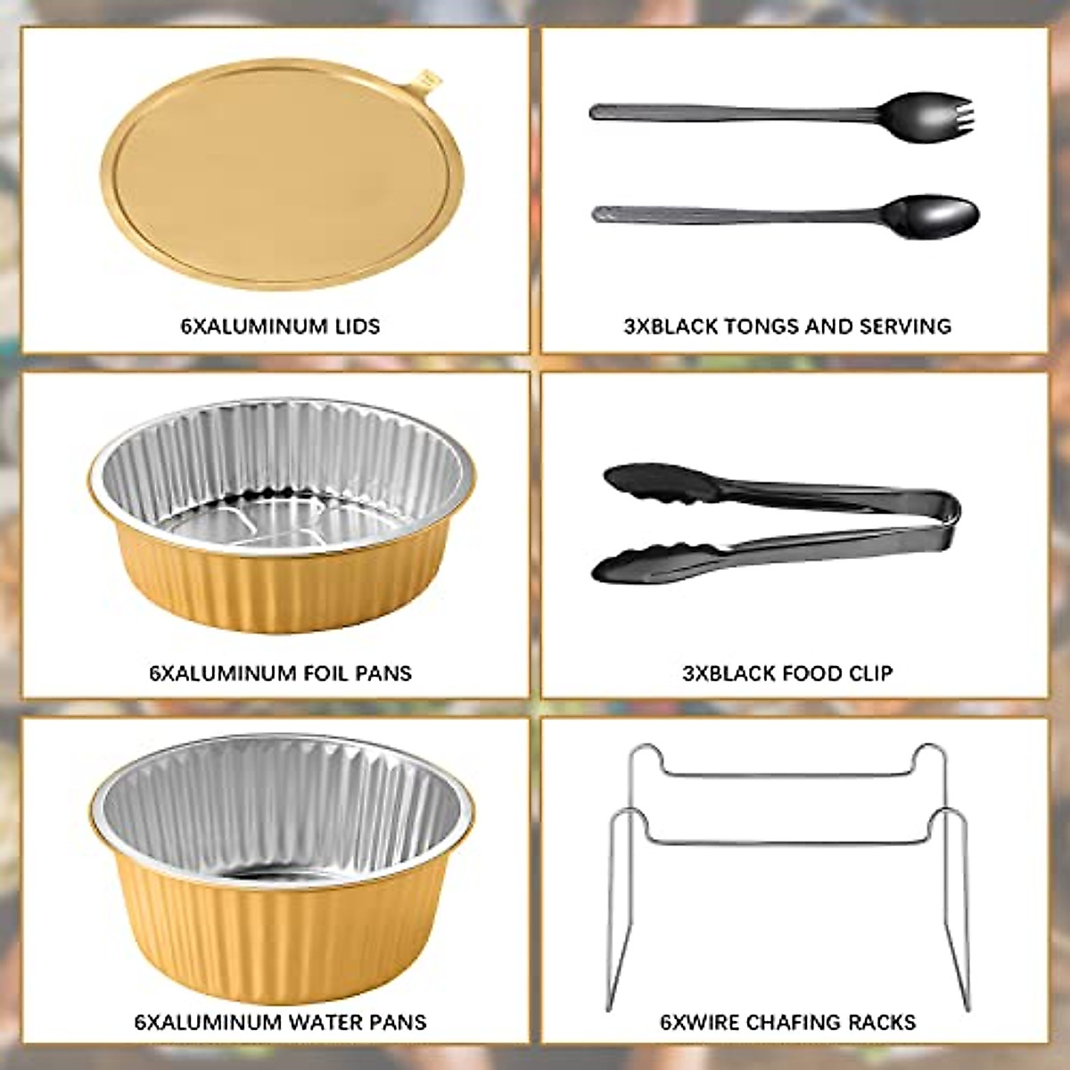 6 Set Disposable Chafing Dishes Buffet Set Chafer Wire Racks Stand Kit Dish Serving Trays Food Warmer Catering Supplies Include Chafer Pans Serving with Utensils and Buffet Stand for Party