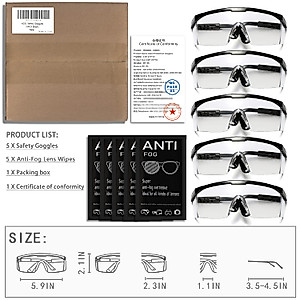 HANCHS Safety Goggles,5PCS Adjustable Wide-Vision Protective Glasses, Lightweight Fog-Proof Safety Glasses (Black)