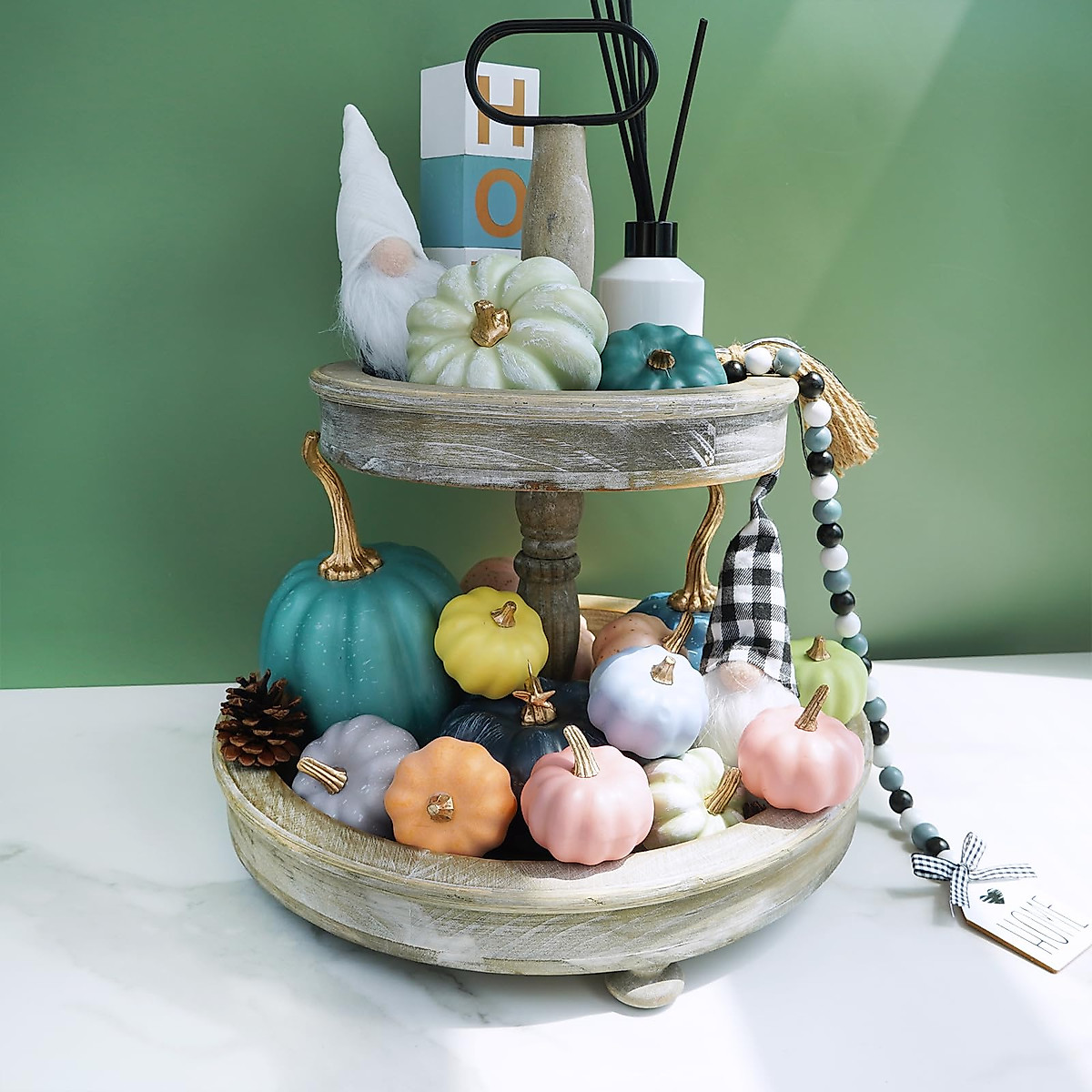 Winlyn 18 Pcs Bulk Assorted Rustic Harvest Artificial Pumpkins Decorative Pumpkins Faux Foam Pumpkins in Blue Green Teal for Fall Harvest Autumn Wedding Thanksgiving Halloween Party Table Centerpiece